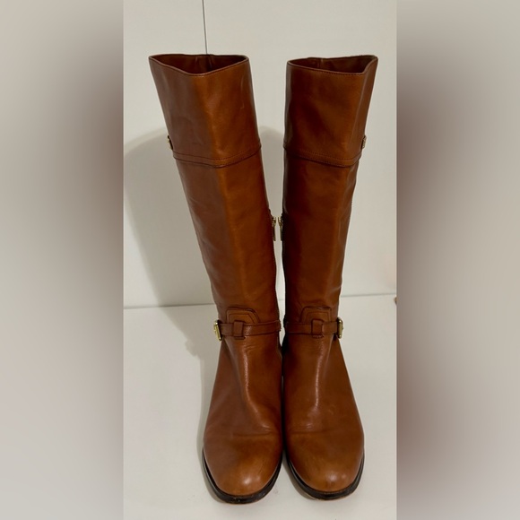 Coach | Shoes | Coach Micha Tan Knee High Leather Boots With Gold ...
